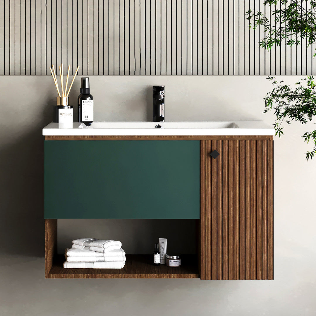 ( طلب مسبق ) وحدة حمام بورديوم دوفو ايما براون × زيتي 80 سم ضلفة ودرج ورف